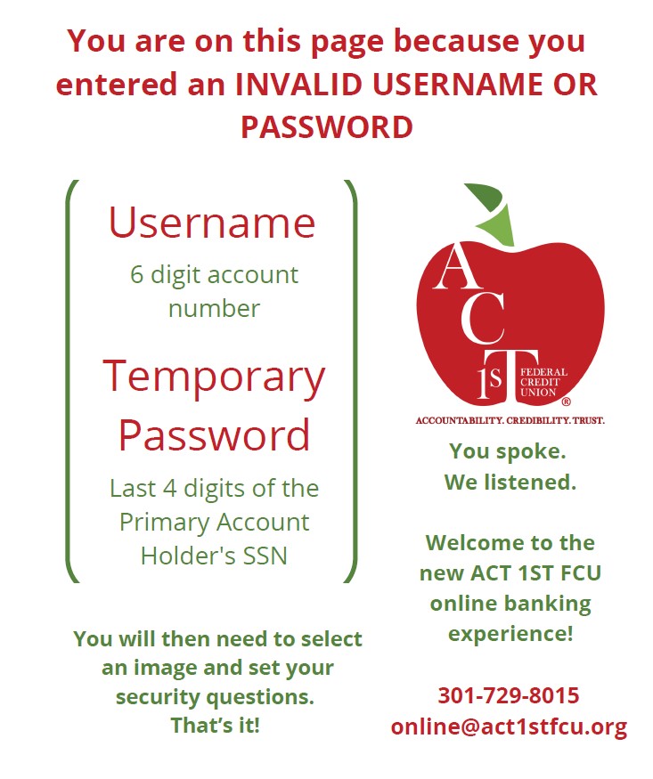 Login Error - ACT 1st Federal Credit Union